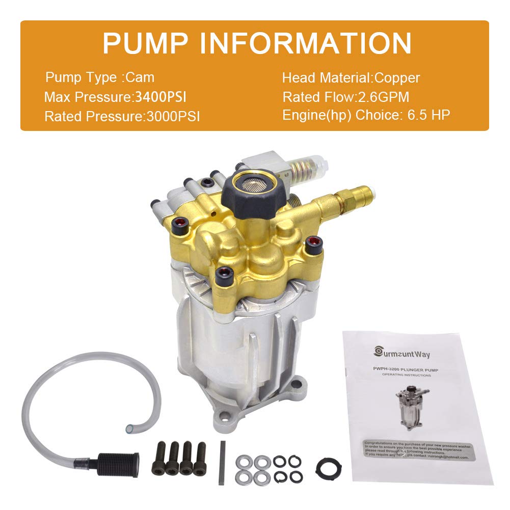 Surmountway Horizontal 3/4" Shaft Pressure Washer Pump, MAX 3400 PSI 2.5 GPM Replacement Power Washer Pumps, Brass Head Power Washer Pump Fits Honda, B&S, Homelite, Waspper etc Gas Engine Power Washer