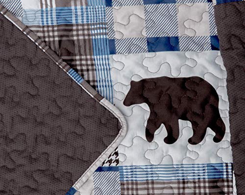 Rustic Modern Farmhouse Cabin Lodge Quilted Couch Sofa Loveseat Armchair Chair Recliner with Patchwork of Grizzly Bears and Buffalo Plaid Check Houndstooth Patterns Beige Blue - Western 2 (Chair)