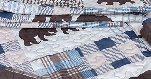 Rustic Modern Farmhouse Cabin Lodge Quilted Couch Sofa Loveseat Armchair Chair Recliner with Patchwork of Grizzly Bears and Buffalo Plaid Check Houndstooth Patterns Beige Blue - Western 2 (Chair)
