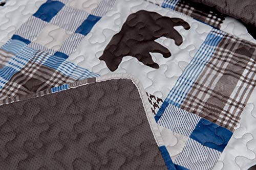 Rustic Modern Farmhouse Cabin Lodge Quilted Couch Sofa Loveseat Armchair Chair Recliner with Patchwork of Grizzly Bears and Buffalo Plaid Check Houndstooth Patterns Beige Blue - Western 2 (Chair)