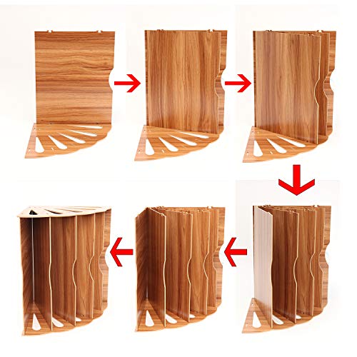 File Folder Holder Wood Organizer 5 Compartment, File Sorter Wood Buckle Design Desktop Fan-Shaped Mail Letter Document Magazine File Assembly Divider DIY Office Tabletop Storage Box (Brown)