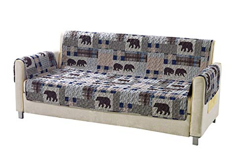 Rustic Modern Farmhouse Cabin Lodge Quilted Couch Sofa Loveseat Armchair Chair Recliner with Patchwork of Grizzly Bears and Buffalo Plaid Check Houndstooth Patterns Beige Blue - Western 2 (Chair)