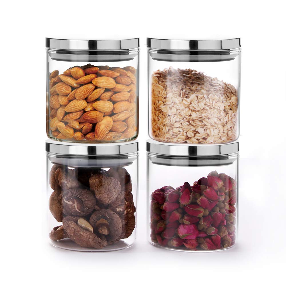 SIXAQUAE Glass Food Storage Containers Jar Stainless Steel Lids 4 Packs 600ml Airtight Canister Organization Sets Stackable