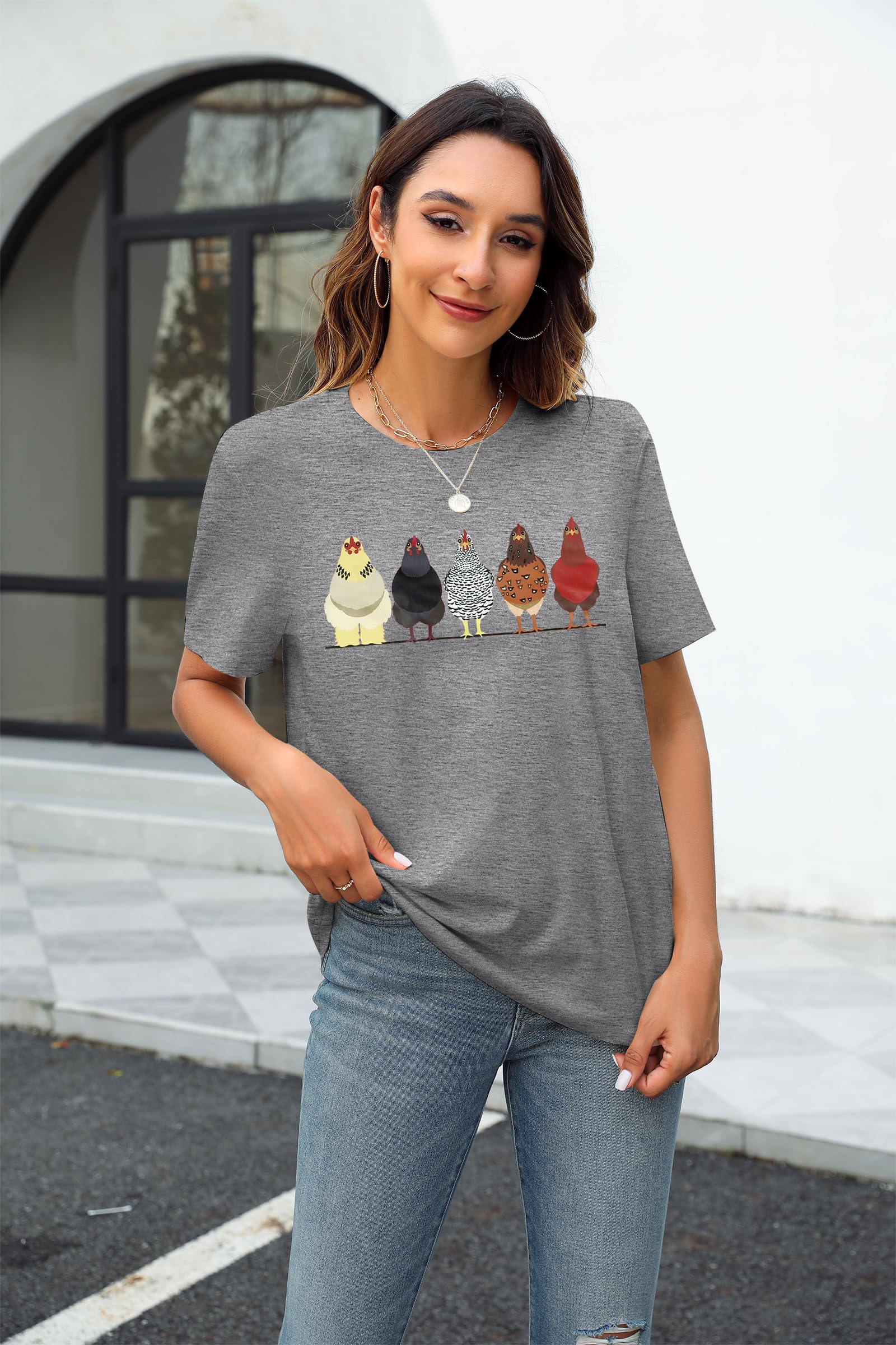 Chicken Tshirt Mom Cute T Shirts Womens Short Sleeves Farm Country Casual Tee Tops Gray