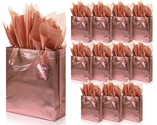 12 Pack Gift Bags Glossy Reusable Bachelorette Bags Non Woven Shiny Bridesmaid Bags Finish Goodie Bags with 24 Sheets Wrapping Tissue Paper 12 Gift Tags with String, 9.5 x 3.9 x 11.8 Inch (Rose Gold)