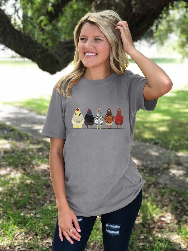 Chicken Tshirt Mom Cute T Shirts Womens Short Sleeves Farm Country Casual Tee Tops Gray