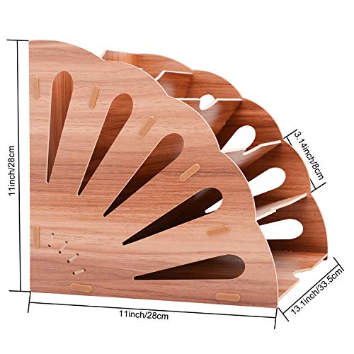 File Folder Holder Wood Organizer 5 Compartment, File Sorter Wood Buckle Design Desktop Fan-Shaped Mail Letter Document Magazine File Assembly Divider DIY Office Tabletop Storage Box (Brown)