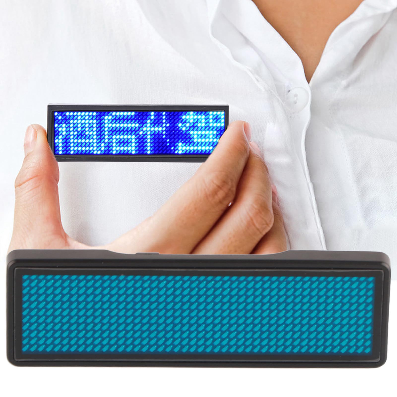 LED Digital Nametag, Rechargeable Programmable Name Badge Card ID with Magnet/Pin for Restaurant Party Bar(Blue)