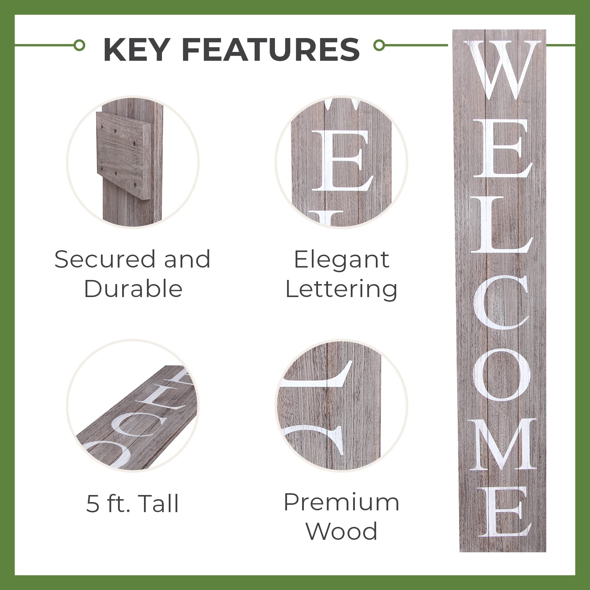 ALBEN Premium Extra Large Welcome Sign for Front Door Porch – 5 Feet Tall (58" x 11") Standing Vertical Wooden Sign, Indoor Home Decor Wall Decorations (Gray)