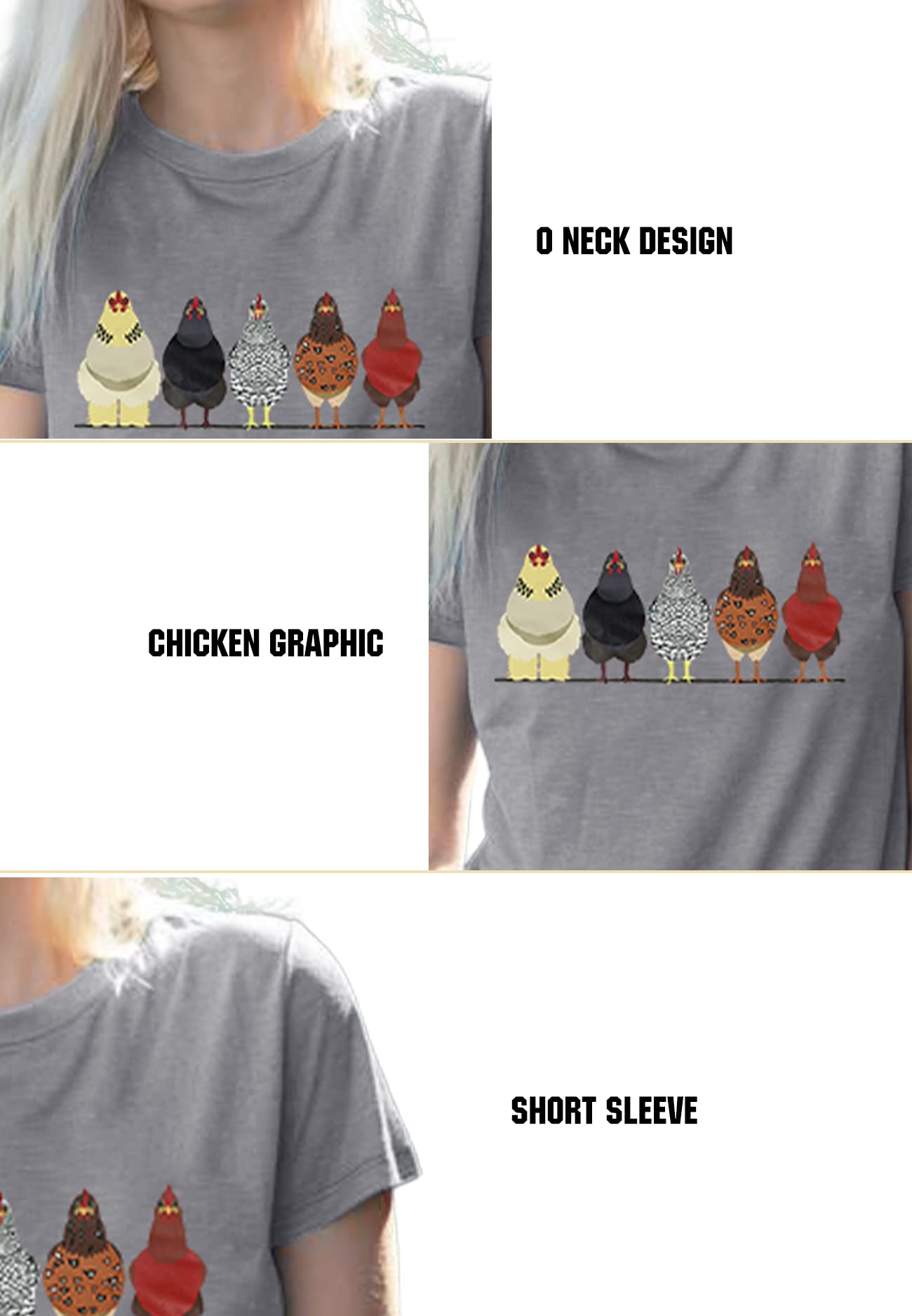 Chicken Tshirt Mom Cute T Shirts Womens Short Sleeves Farm Country Casual Tee Tops Gray