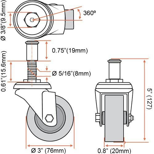 FactorDuty 6 Pack Heavy-Duty 3" Swivel Caster Wheels for Creeper Service Cart Stool Post Mount