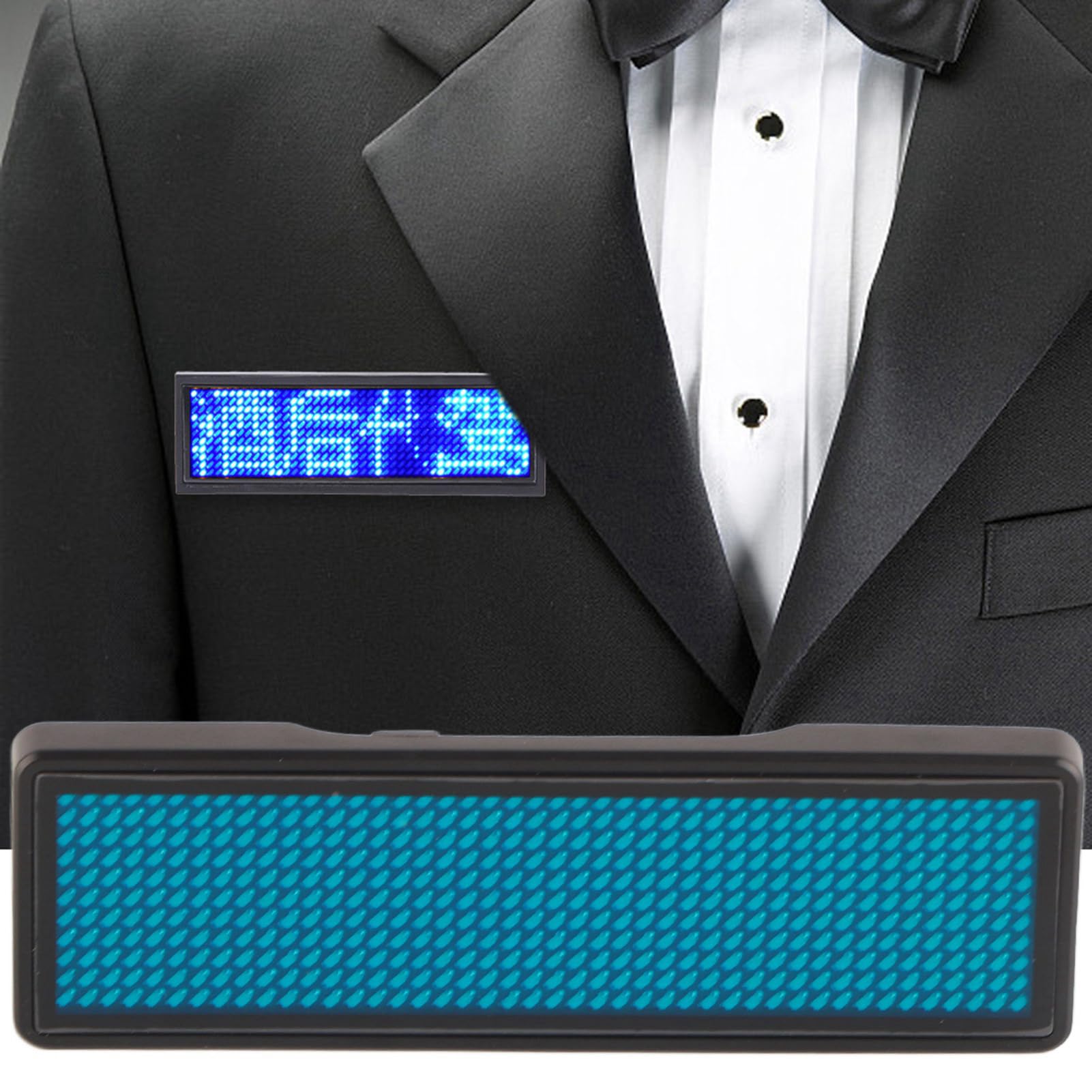 LED Digital Nametag, Rechargeable Programmable Name Badge Card ID with Magnet/Pin for Restaurant Party Bar(Blue)