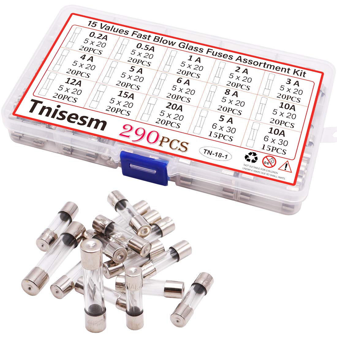 Tnisesm 290 Pcs Fast Blow Glass Fuses Assortment Kit 0.2A, 0.5A, 1A, 2A, 3A, 4A, 5A, 6A, 8A, 10A, 12A, 15A, 20A 5 x 20mm, 5A, 10A, 6 x 30mm 15 Values 250V with Plastic Box Tn-18-1