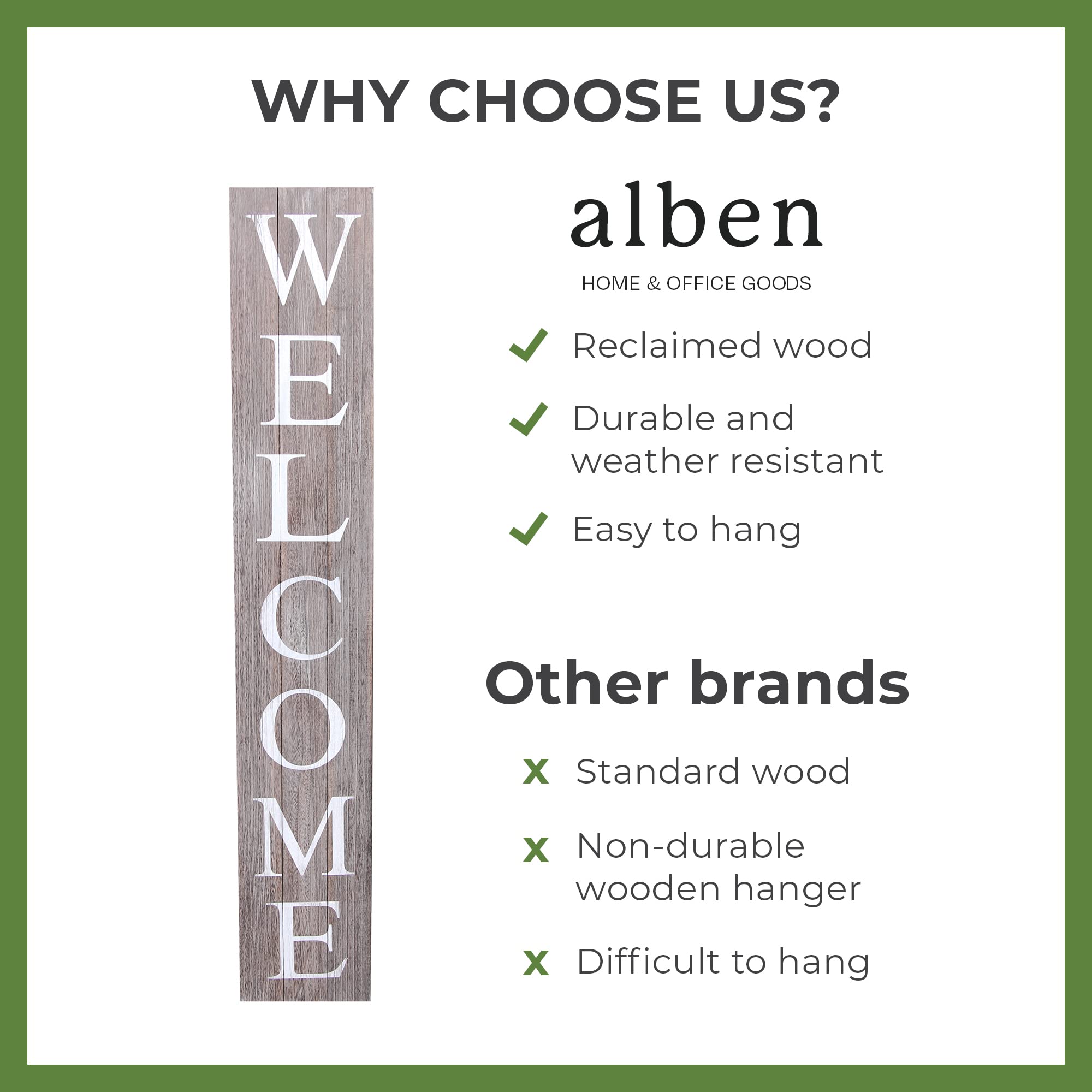 ALBEN Premium Extra Large Welcome Sign for Front Door Porch – 5 Feet Tall (58" x 11") Standing Vertical Wooden Sign, Indoor Home Decor Wall Decorations (Gray)
