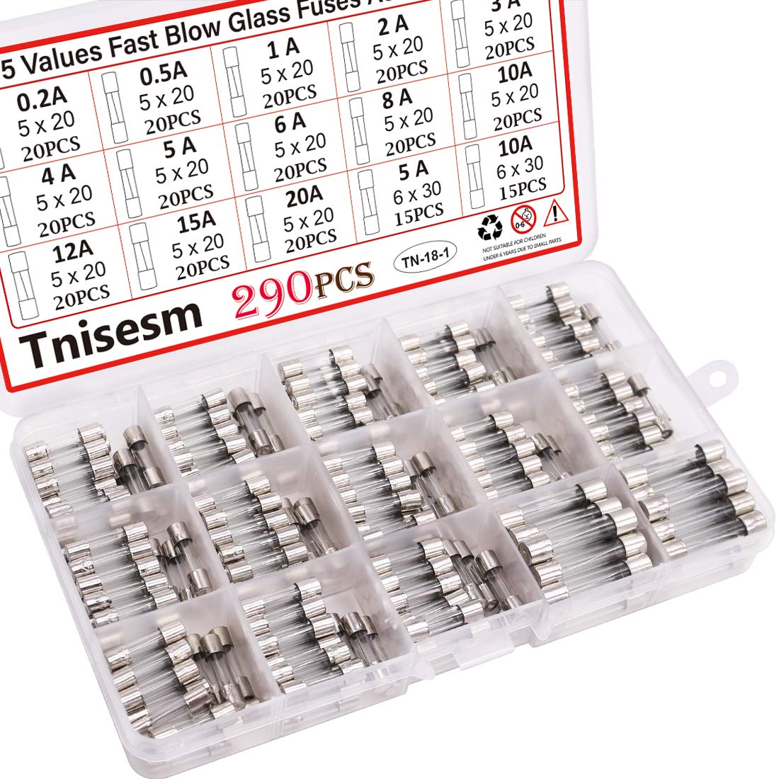 Tnisesm 290 Pcs Fast Blow Glass Fuses Assortment Kit 0.2A, 0.5A, 1A, 2A, 3A, 4A, 5A, 6A, 8A, 10A, 12A, 15A, 20A 5 x 20mm, 5A, 10A, 6 x 30mm 15 Values 250V with Plastic Box Tn-18-1