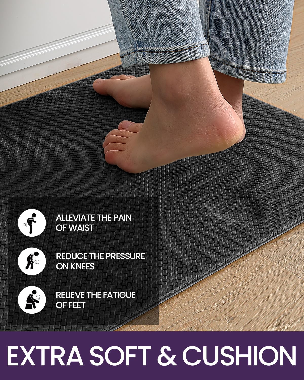 DEXI Kitchen Floor Mats Cushioned Anti Fatigue,17x29+17x59, Standing Runner Rug Waterproof, Comfort Memory Foam Padded for Front Sink Laundry Set of 2, Black