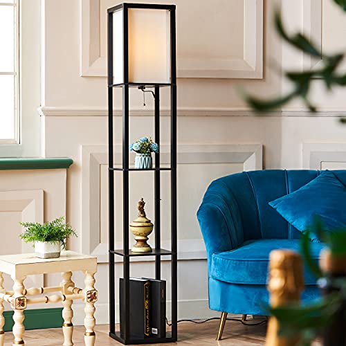 VONLUCE Shelf Floor Lamp, Etagere Lamp with Shelves, Standing Lamp with 3 Wood Display Storage Shelves for Bedroom Bedside Corner Living Room, Simple Modern Floor Lights with LED Bulb