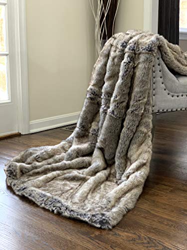 Eikei Luxury Faux Fur Throw Blanket Super Soft Oversized Thick Warm Afghan Reversible to Plush Velvet in Tan Grey Wolf, Cream Mink or Blush Chinchilla, Machine Washable (Timberwolf, X-Long)