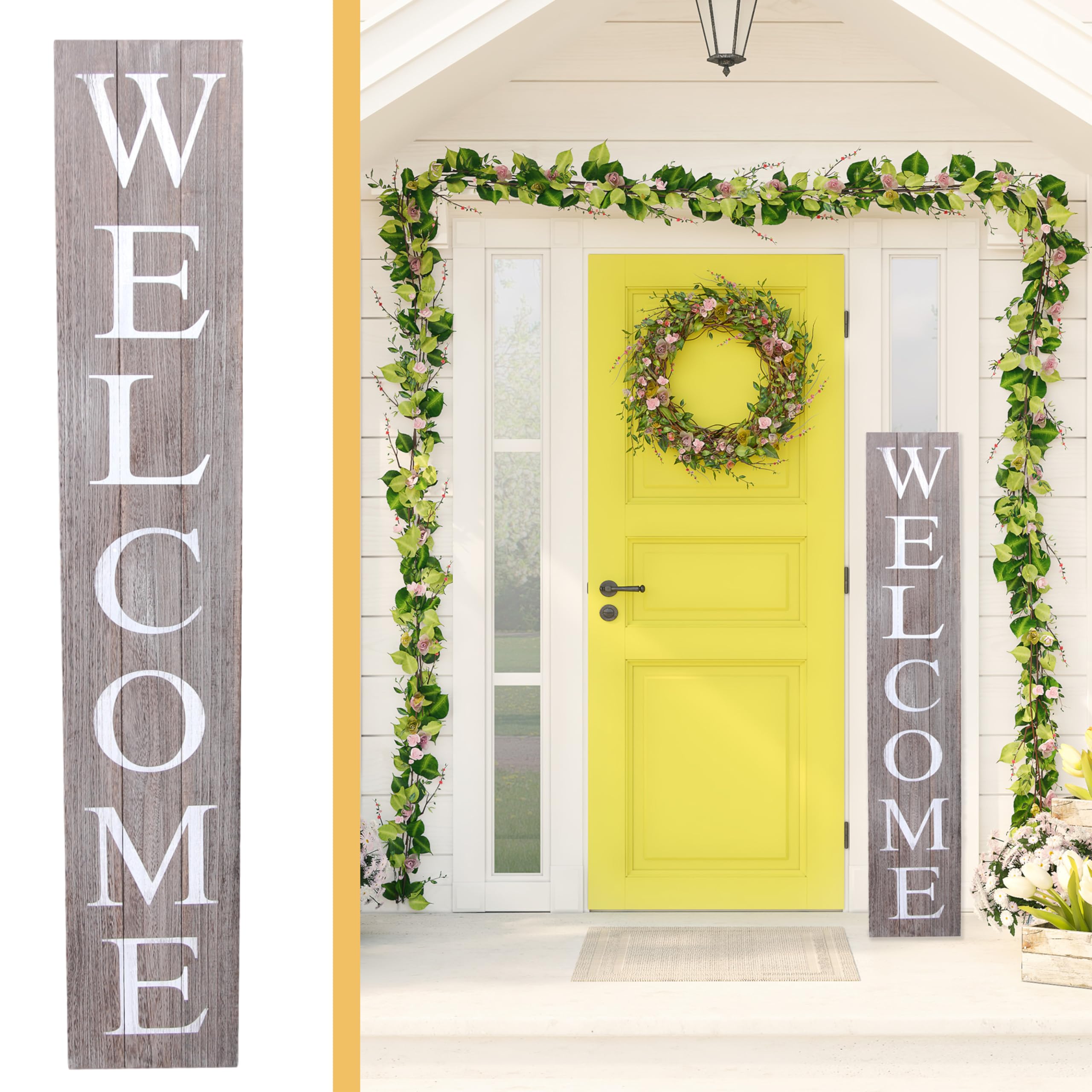 ALBEN Premium Extra Large Welcome Sign for Front Door Porch – 5 Feet Tall (58" x 11") Standing Vertical Wooden Sign, Indoor Home Decor Wall Decorations (Gray)