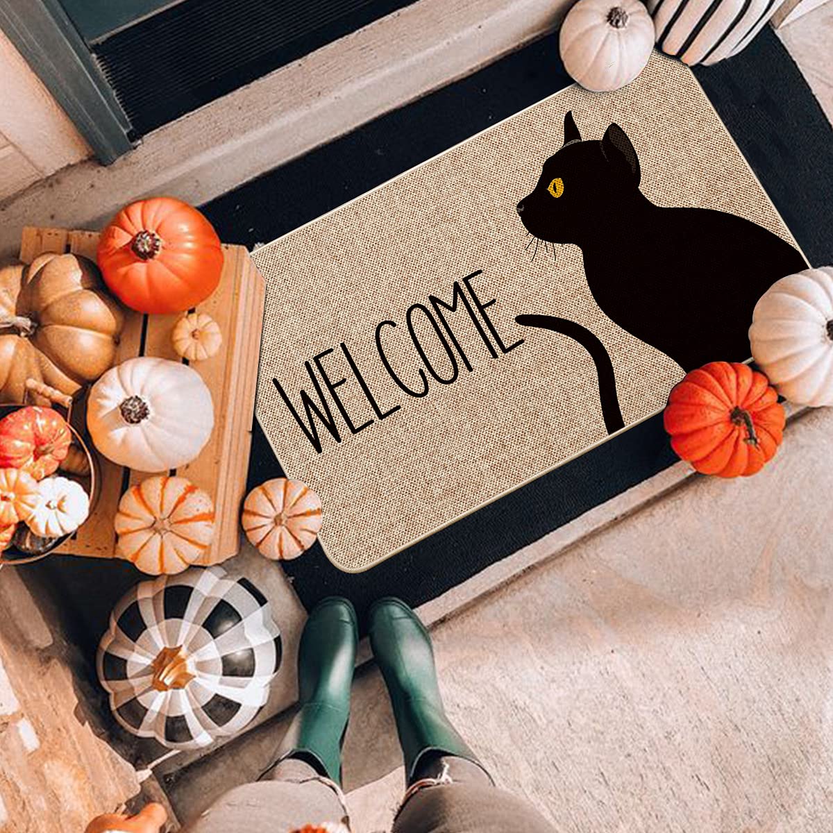 Artoid Mode Black Cat Welcome Decorative Doormat, Pet Halloween Floor Mat Switch Mat for Indoor Outdoor 17 x 29 Inch