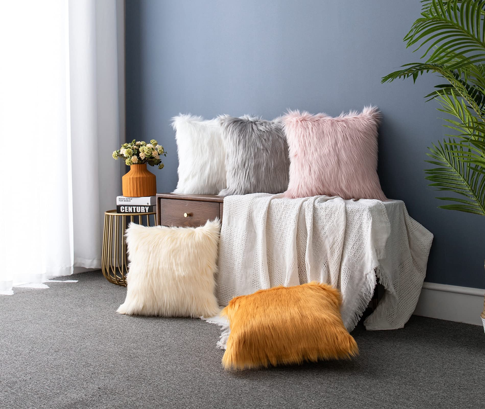 LIGICKY Luxury Series Soft Faux Fur Throw Pillow Cover Decorative Square Plush Pillow Case Cushion Cover for Couch Sofa Bed, 16" x 16" White