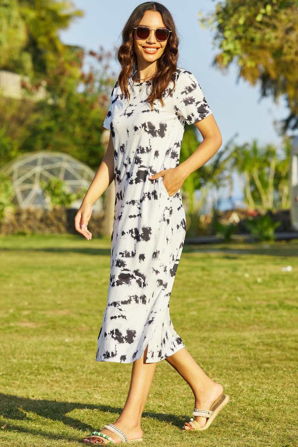 Naggoo Pocket Long Dress for Women Summer Casual Short Sleeve Tie Dye Dresses