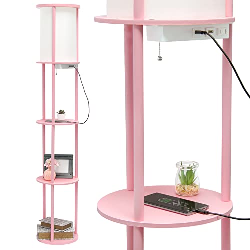 Simple Designs LF2010-LPK 62.5" Round Modern Shelf Etagere Organizer Storage Floor Lamp with 2 USB Charging Ports, 1 Charging Outlet and Linen Shade for Living Room Bedroom Office, Light Pink