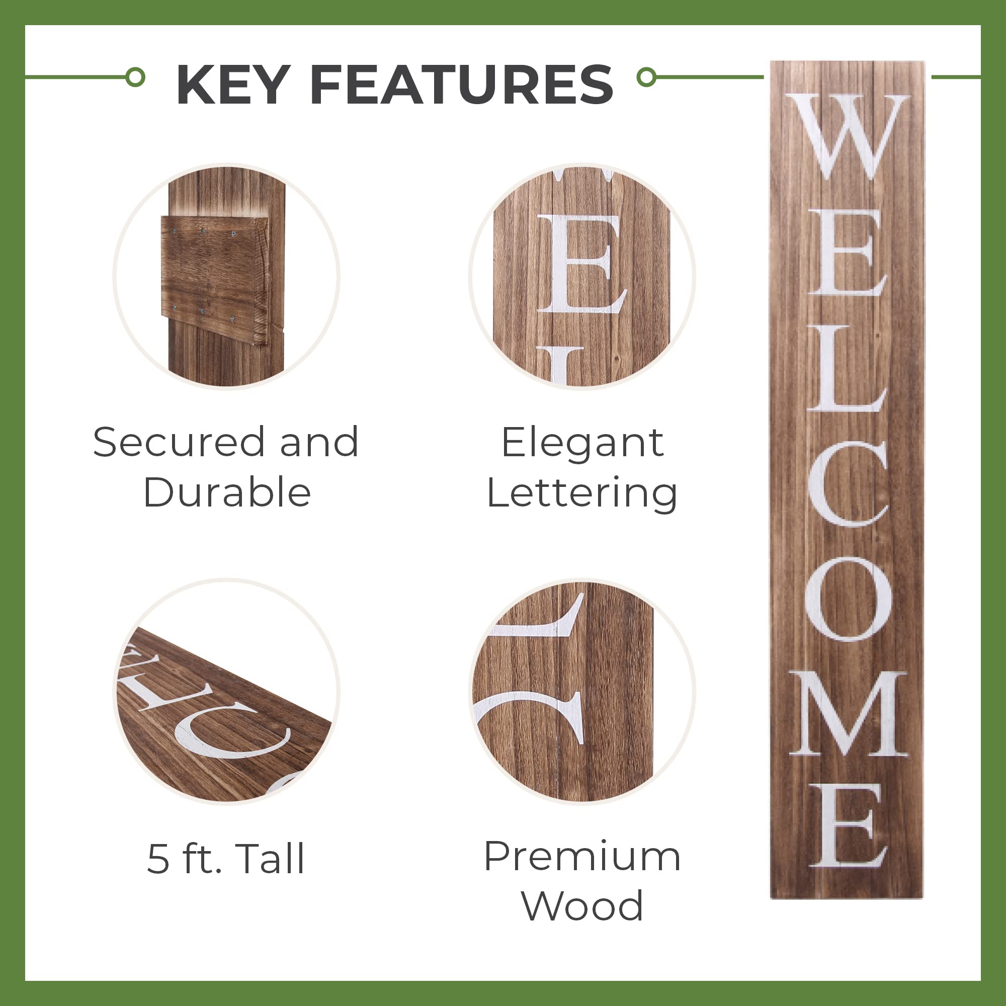 ALBEN Premium Extra Large Welcome Sign for Front Door Porch – 5 Feet Tall (58" x 11") Standing Vertical Wooden Sign, Indoor Home Decor Wall Decorations (Brown)