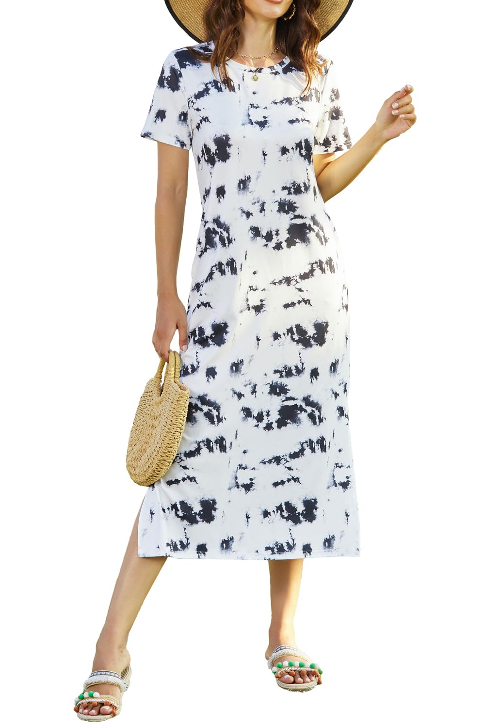 Naggoo Pocket Long Dress for Women Summer Casual Short Sleeve Tie Dye Dresses