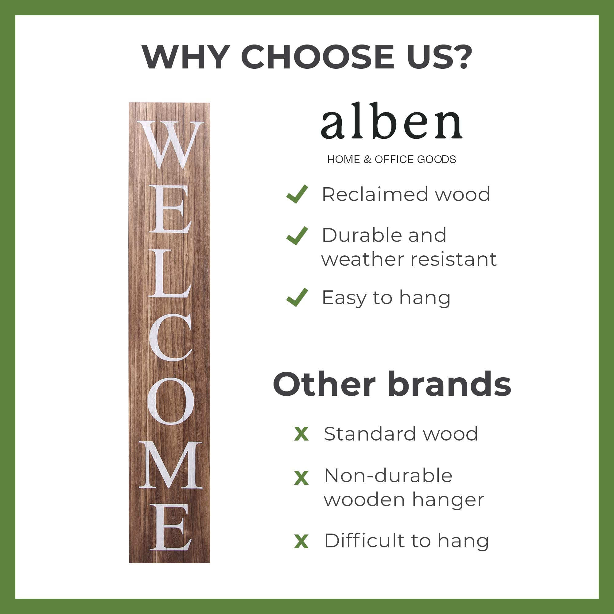 ALBEN Premium Extra Large Welcome Sign for Front Door Porch – 5 Feet Tall (58" x 11") Standing Vertical Wooden Sign, Indoor Home Decor Wall Decorations (Brown)