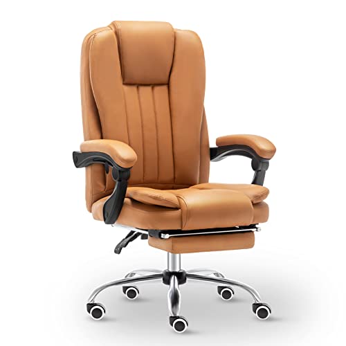 Erinnyees Executive Office Chair, PU Ergonomic Chair with Footrest and Linkage Armrests, 90°-155° Reclining Office Chair, 360° Swivel Computer Desk Chair with Back Support, Brown