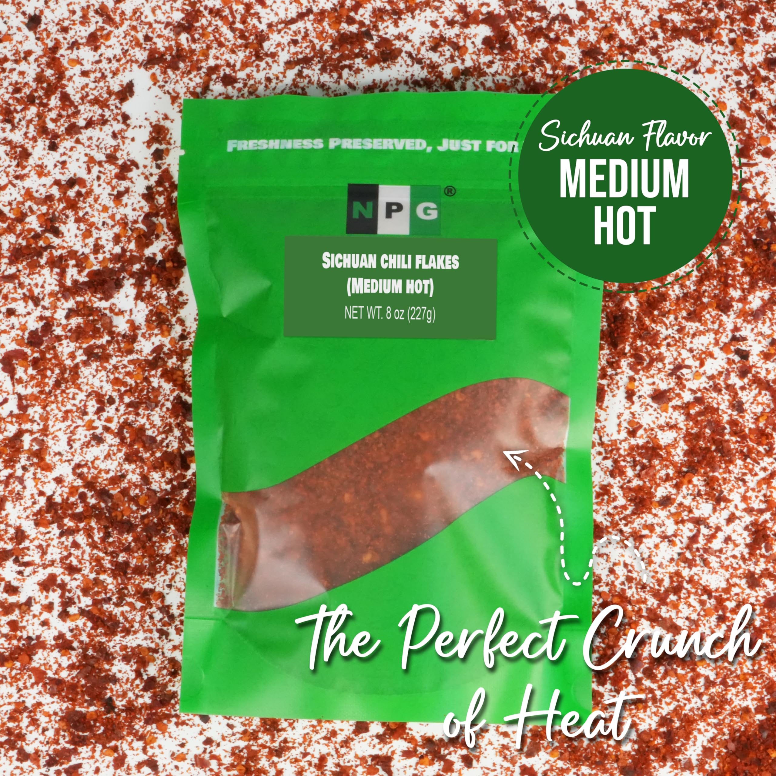NPG Authentic Sichuan Chili Flakes 8 Ounces, Medium Hot, Szechuan Crushed Red Pepper Flakes Bulk, Essential Spice Seasoning for Making Kimchi, Chili Oil, Stir-fry, Pizza, Salads, and Tacos