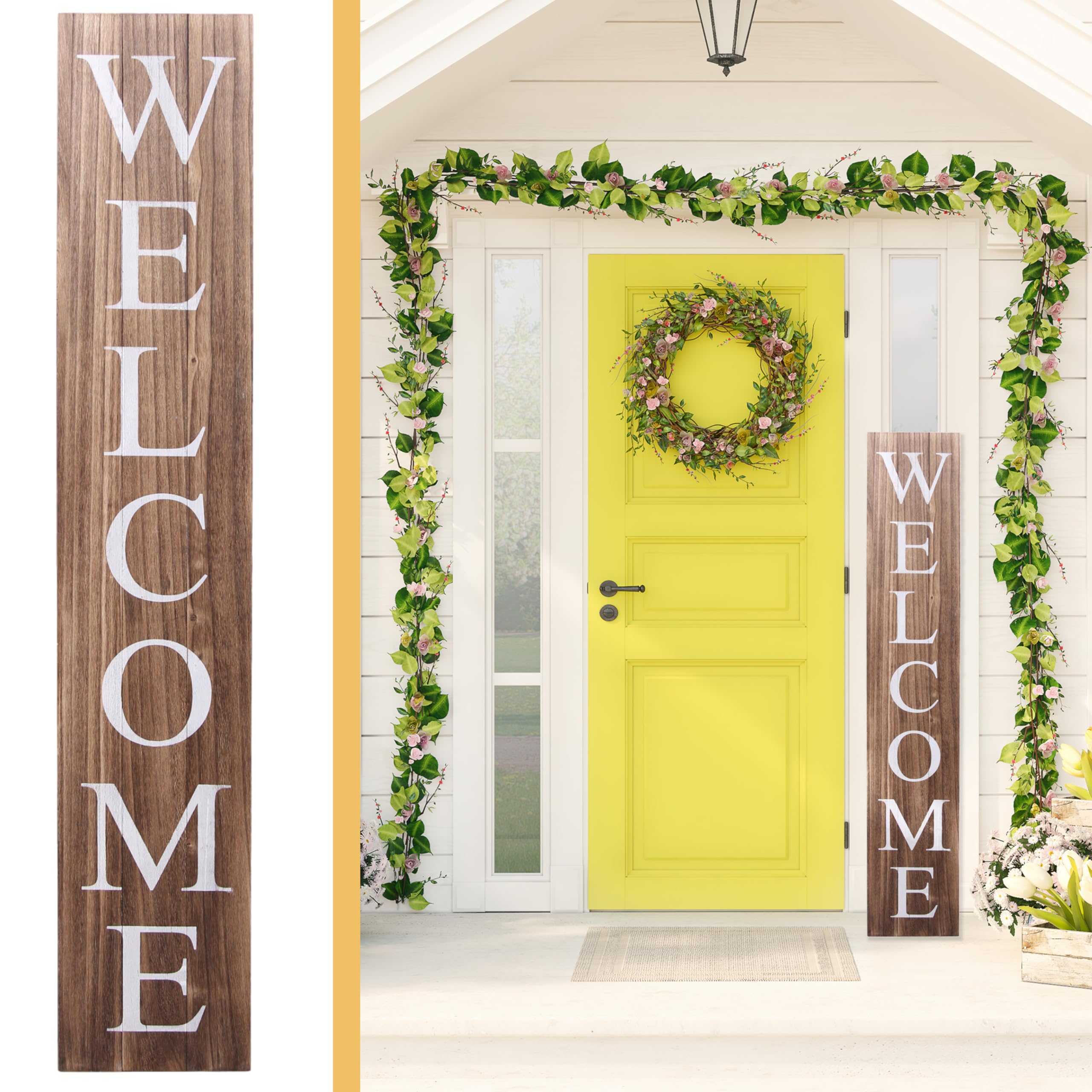ALBEN Premium Extra Large Welcome Sign for Front Door Porch – 5 Feet Tall (58" x 11") Standing Vertical Wooden Sign, Indoor Home Decor Wall Decorations (Brown)