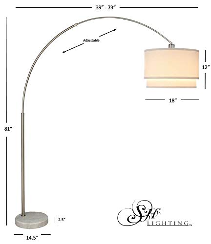 SH Lighting 6938 Brush Steel Arching Floor Lamp with Marble Base - Features Large Drum Style Shade - 81" Tall Fits in Living or Bedrooms (White-Double)
