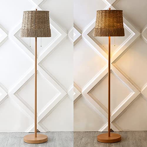 JONATHAN Y JYL3091A Ocata 61" 2-Light Coastal Bohemian Iron/Rattan LED Floor Lamp with Pull-Chain Farmhouse, Rustic Standing Reading Lamp LED Bulb Included, Brown Wood Finish
