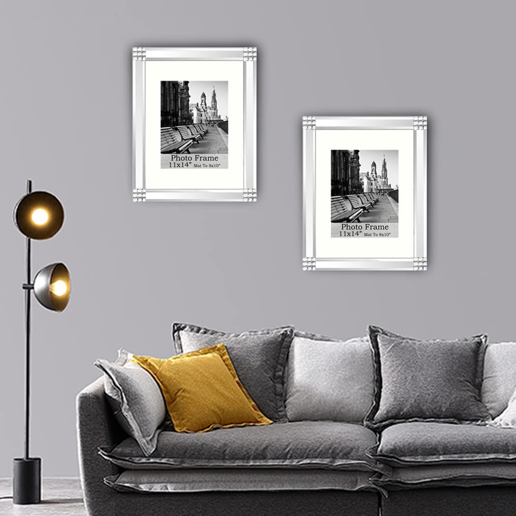Meetart Standard Flat Silver Mirror Picture Frame 11x14 Inch With Mat For 8x10” Photo, Set Pack of 2 Piece, Wall Hang Portrait Or Landscape for Wall Decor Upgrade With Better Package。