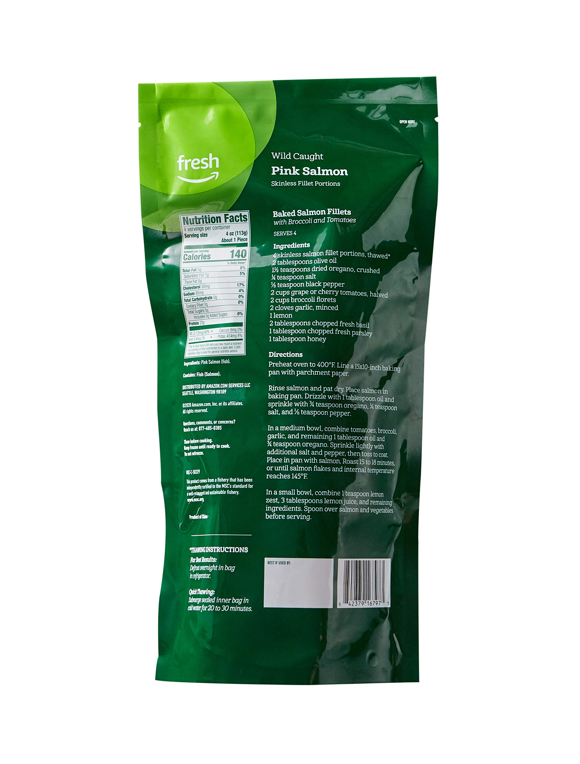 Amazon Fresh Brand, Wild Caught Pink Salmon Skinless Fillet Portions, Frozen, Sustainably Sourced, Phosphate Free, 1 Lb