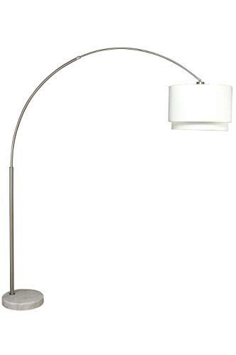 SH Lighting 6938 Brush Steel Arching Floor Lamp with Marble Base - Features Large Drum Style Shade - 81" Tall Fits in Living or Bedrooms (White-Double)