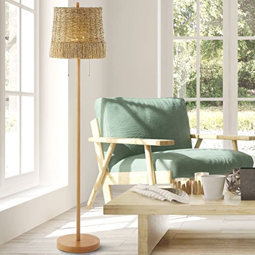 JONATHAN Y JYL3091A Ocata 61" 2-Light Coastal Bohemian Iron/Rattan LED Floor Lamp with Pull-Chain Farmhouse, Rustic Standing Reading Lamp LED Bulb Included, Brown Wood Finish