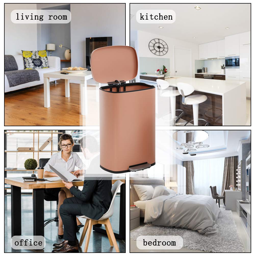 Dkeli Kitchen Trash Can with Soft Slow Lid Pedal Step Trash Can with Removable Plastic Inner Bucket Stainless Steel Garbage Can for Bathroom Kitchen and Office Trash Bin 13 Gallon / 50 Liter, Pink