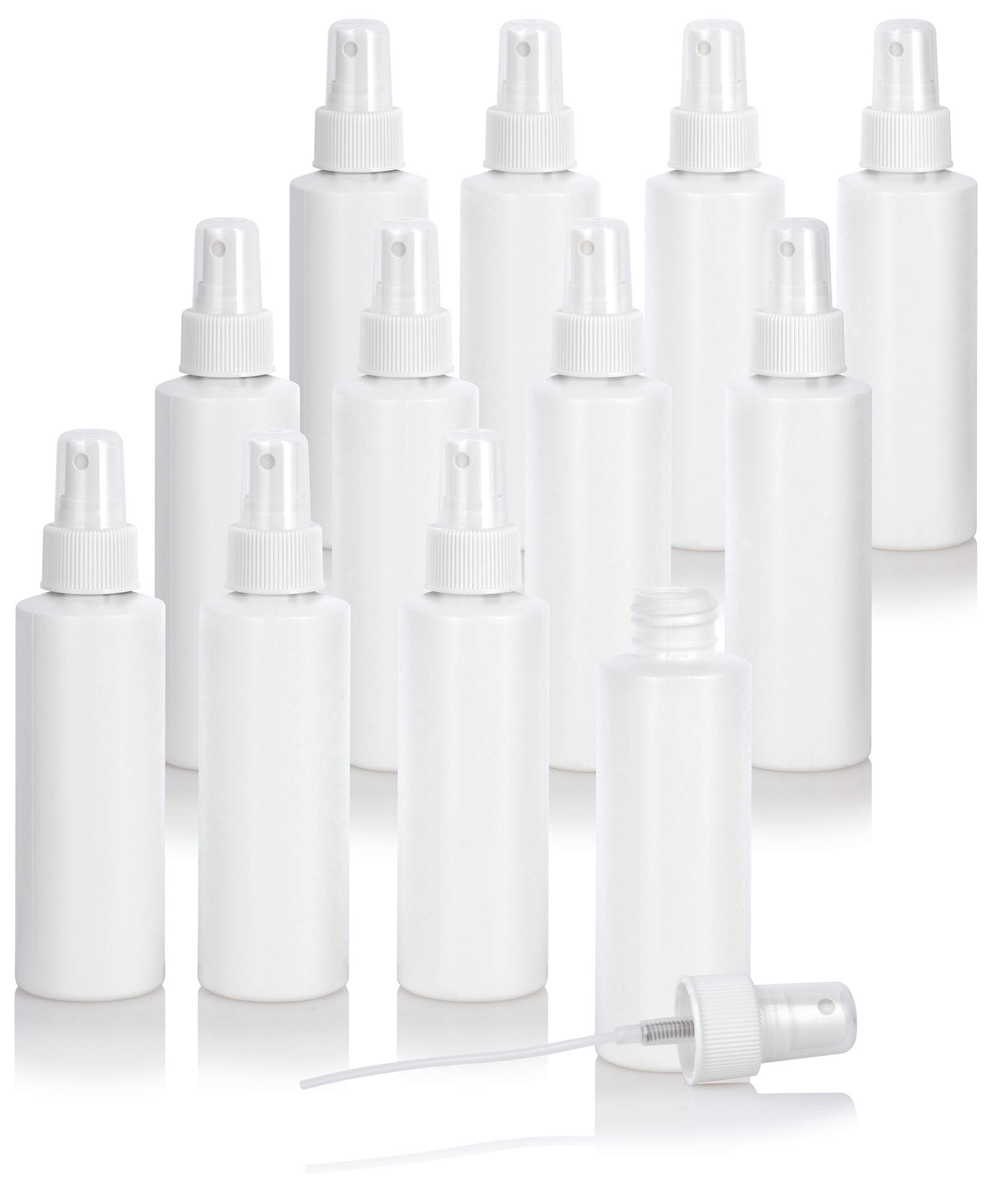 JUVITUS 4 oz / 120 ml White Plastic HDPE Refillable Cylinder Squeeze Bottle with White Fine Mist Spray (12 Pack)