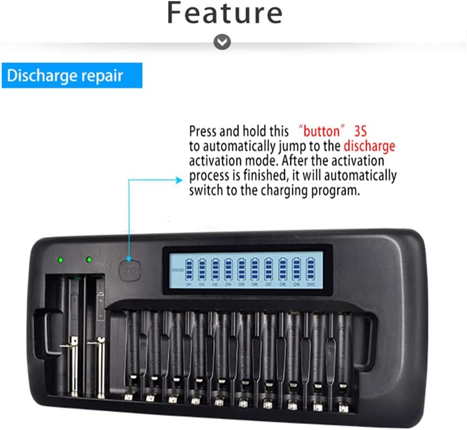 Tenberly 12 Slots Battery Charger with LCD Display for AA AAA 18650 NiCD NiMH 3.7V Li-ion Batteries with Discharge Function (Upgrade Charger)
