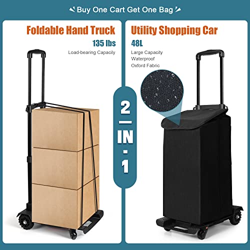 SELORSS 2-in-1 Foldable Hand Truck Utility Cart, Portable Grocery Shopping Cart with Wheels and Removable Waterproof Bag, Collapsible Lightweight Large Capacity for Supermarket, Laundry, Camping