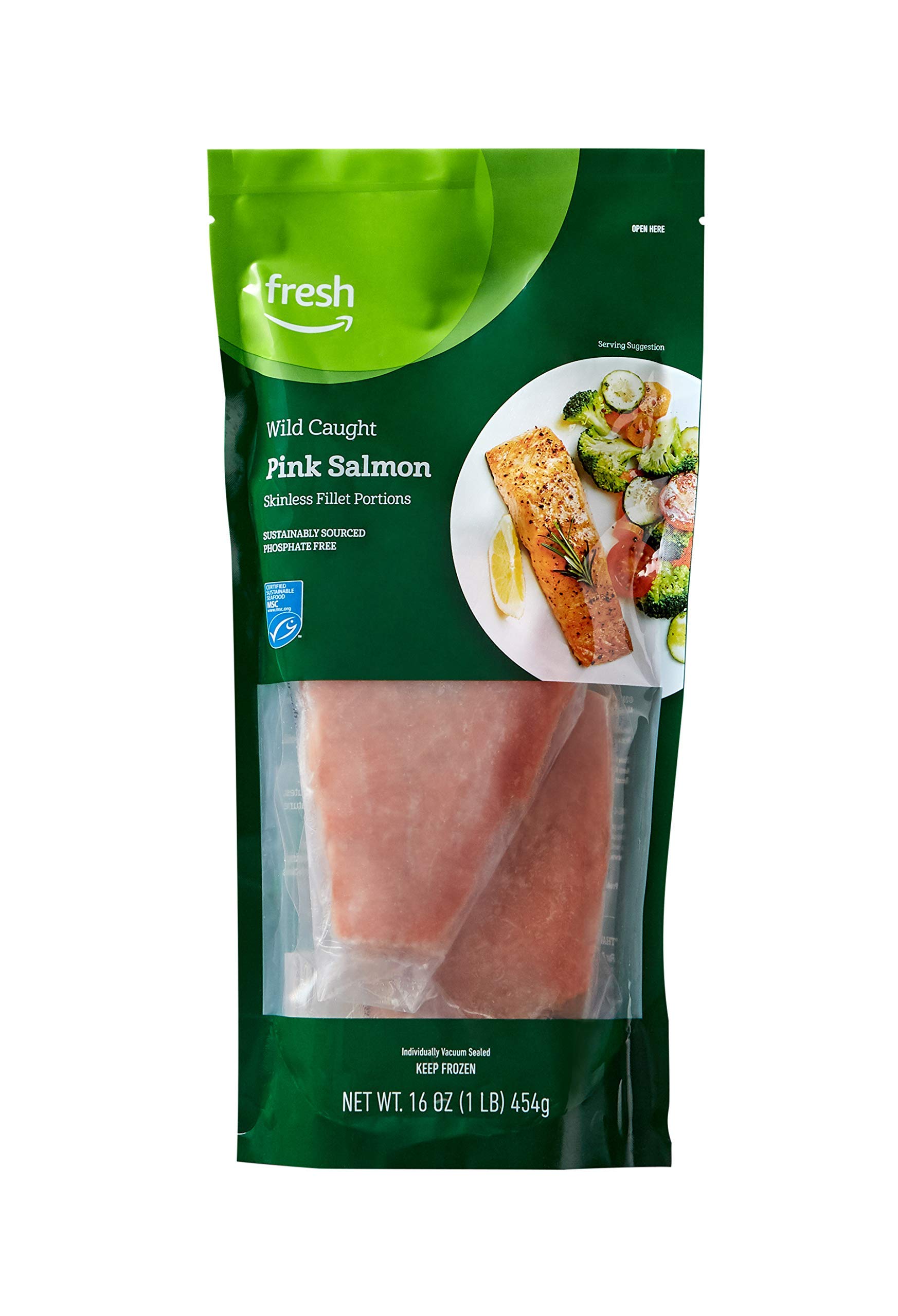Amazon Fresh Brand, Wild Caught Pink Salmon Skinless Fillet Portions, Frozen, Sustainably Sourced, Phosphate Free, 1 Lb