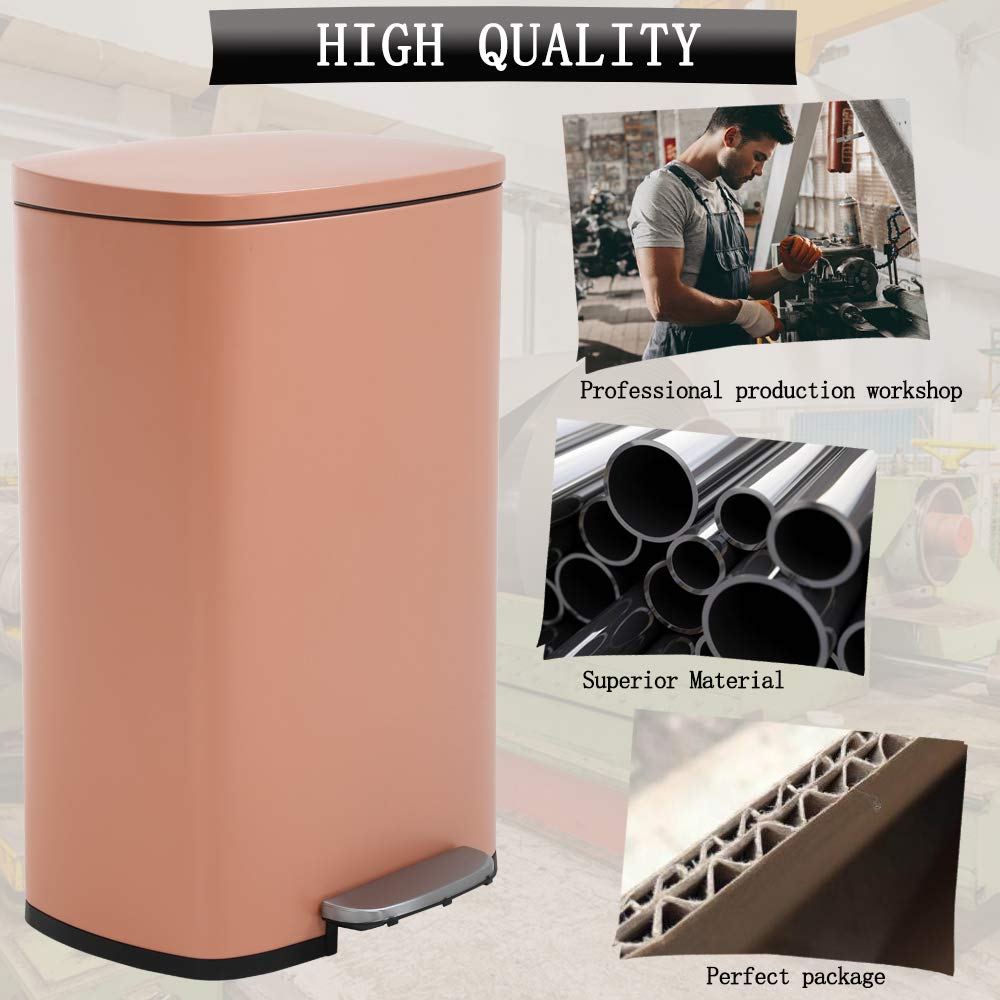 Dkeli Kitchen Trash Can with Soft Slow Lid Pedal Step Trash Can with Removable Plastic Inner Bucket Stainless Steel Garbage Can for Bathroom Kitchen and Office Trash Bin 13 Gallon / 50 Liter, Pink