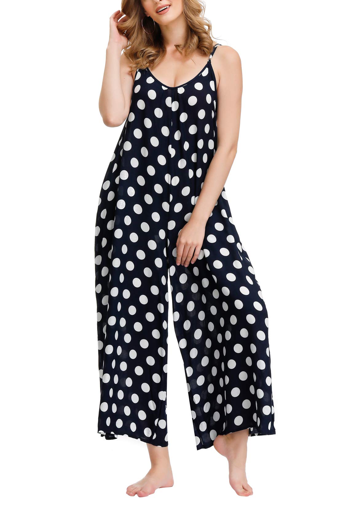 wexcen Womens Floral Printed Jumpsuits Casual Sleeveless Spaghetti Strap Rompers Wide Leg Pants with Two Pockets (Polka dot, XXL)