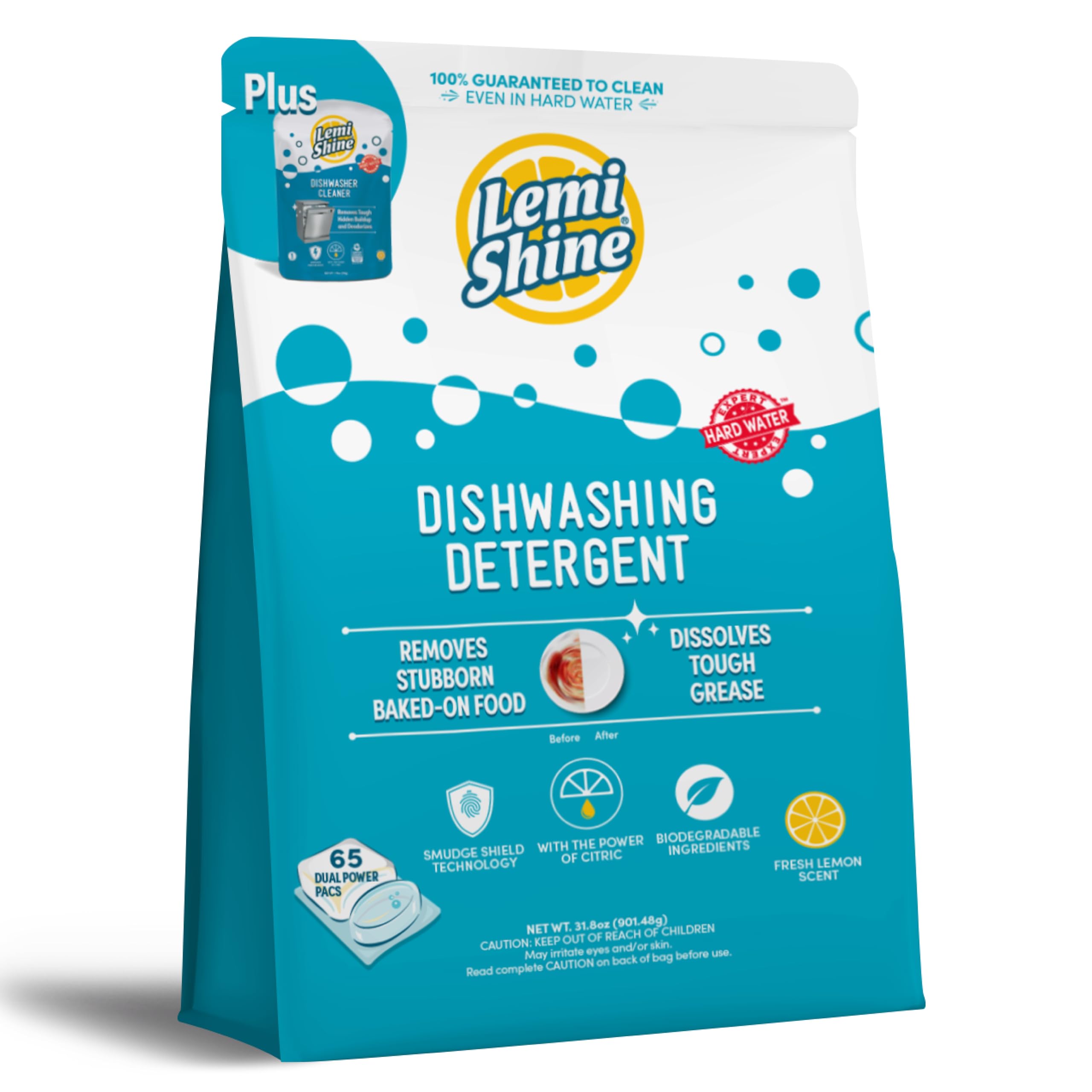 Lemi Shine Natural Dishwasher Detergent Pods + Dishwasher Cleaner 1 ct | All-In-One Powder & Gel Pods with Powerful Citric Acid | Eco Friendly Dish Wash Cleaning Supplies (65 Count)