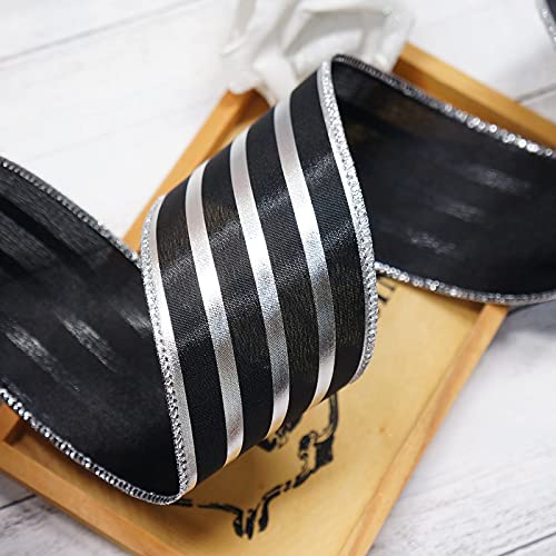 CT CRAFT LLC Black Satin with Silver Stripe Wired Ribbon - 2.5" x 10 Yards for Christmas Home Decor, Gift Wrapping, Bow Making, Wreath, DIY Crafts