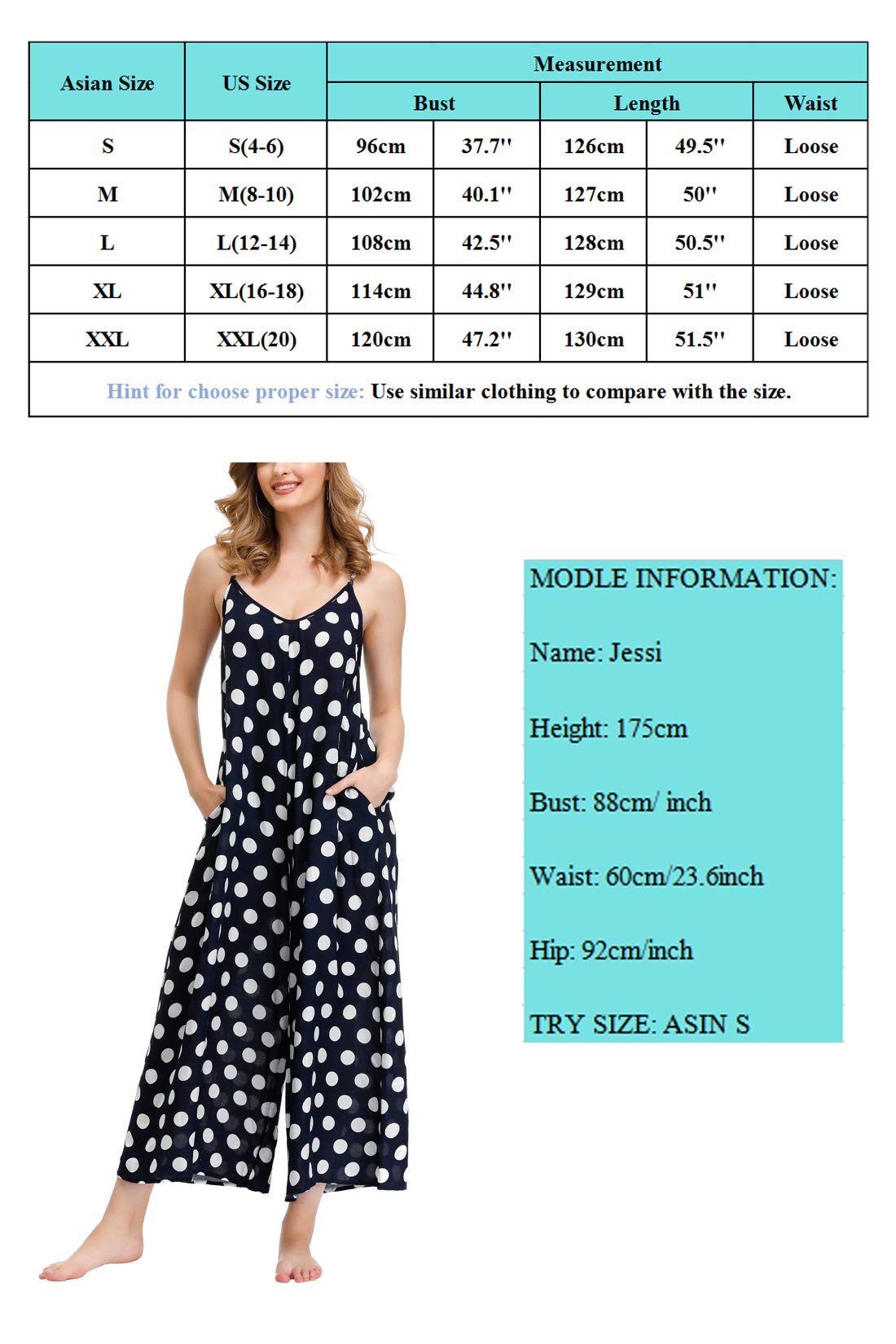 wexcen Womens Floral Printed Jumpsuits Casual Sleeveless Spaghetti Strap Rompers Wide Leg Pants with Two Pockets (Polka dot, XXL)