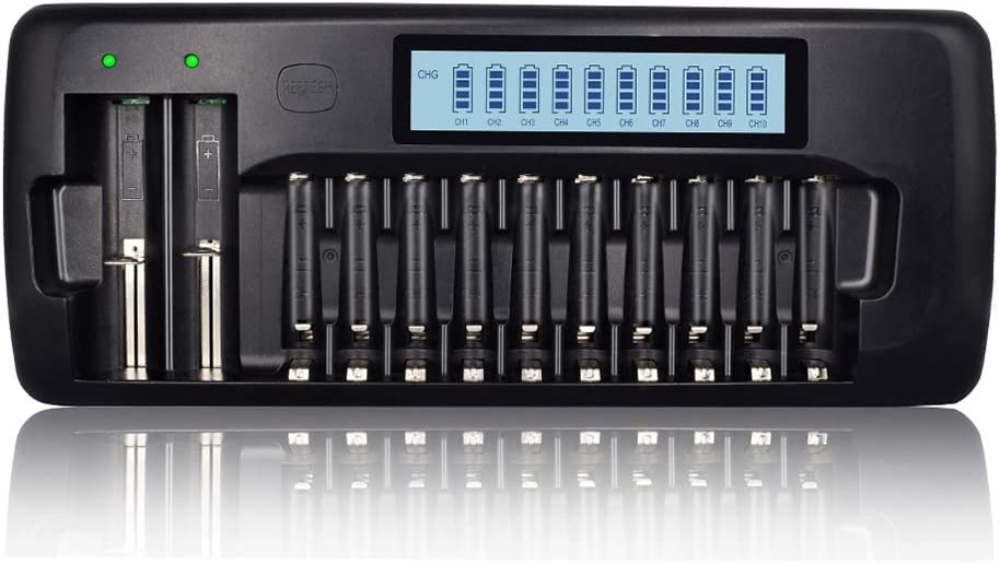 Tenberly 12 Slots Battery Charger with LCD Display for AA AAA 18650 NiCD NiMH 3.7V Li-ion Batteries with Discharge Function (Upgrade Charger)